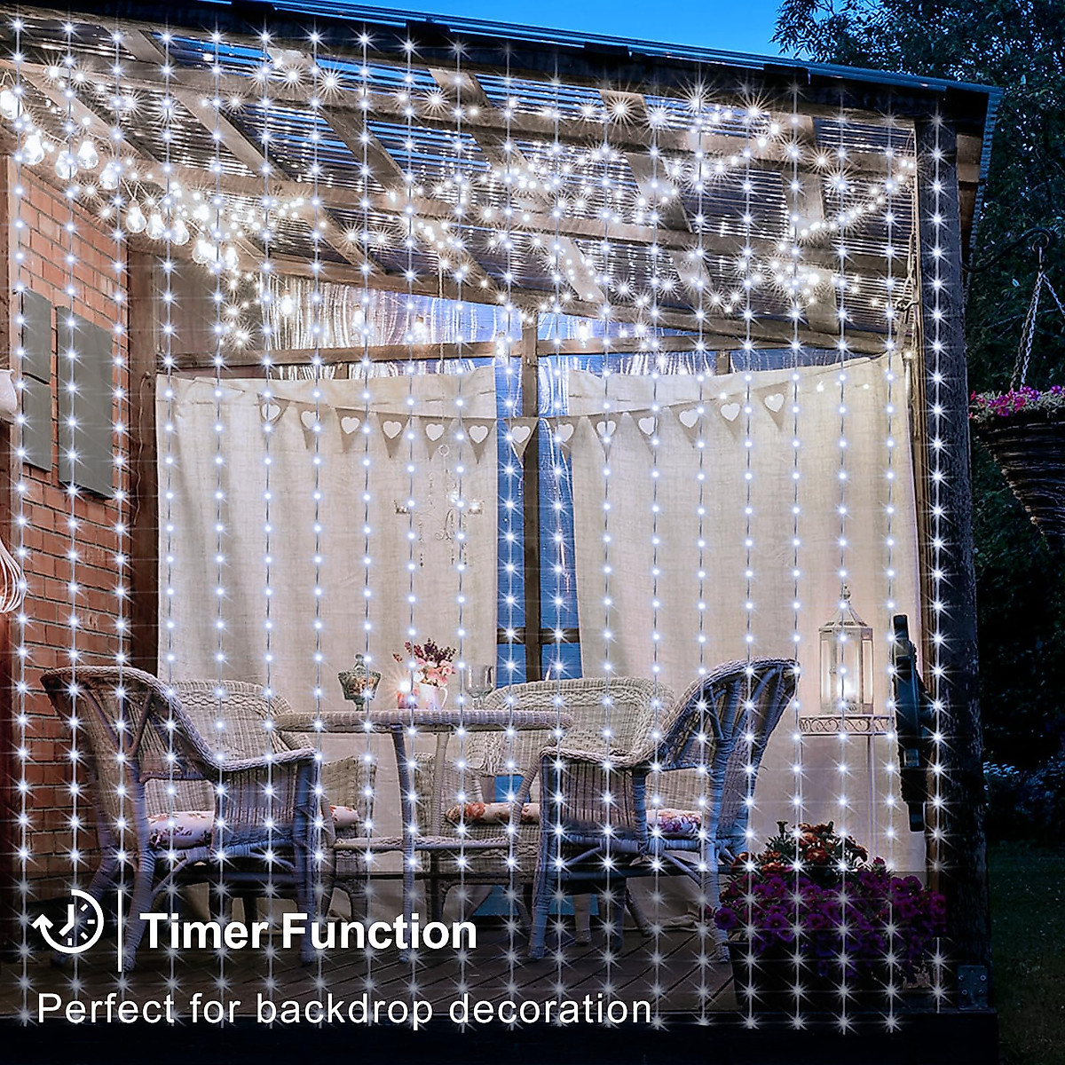 echosari Battery Operated Curtain String Lights, 6.6×6.6ft 200 LED Curtain Lights with Remote 8 Modes Timer Waterproof for Outdoor Indoor Wedding Backdrops Bedroom (Cool White)