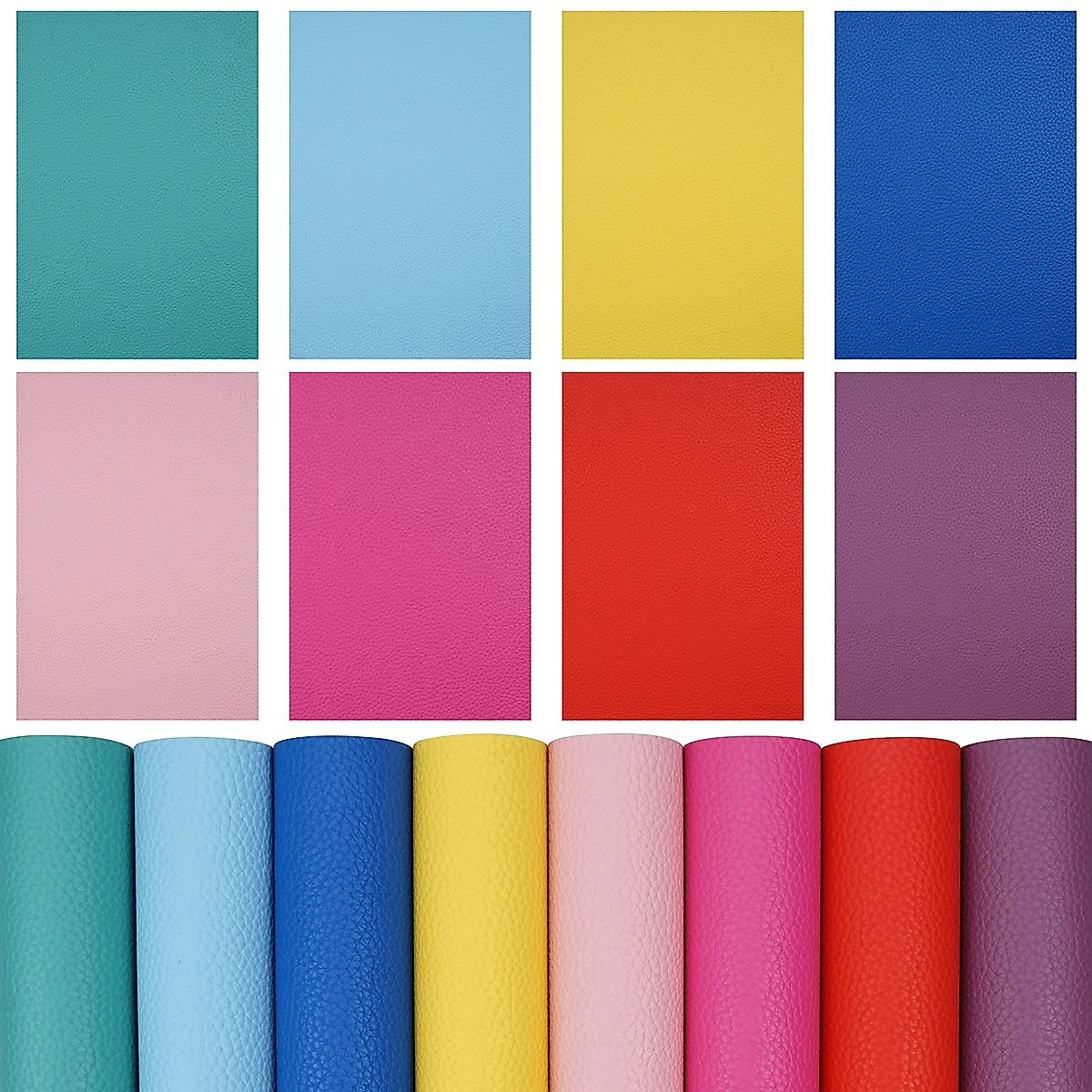LITCHI 8 Pieces 8x12 Inch Bright Color Litchi Grain Texture Faux Leather Sheets Including 8 Color Leather Sheets for Leather Bows and Earrings Making LiZhiWen-8PcsA4Bright