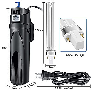 U-V Filter for Aquarium Tank, 4-in-1 Submersible Machine Filter Pump Fit 40-80 Gallon,JUP-01 Green Water Killer Filter,9 Watt UV Light Submersible Aquarium Pump Attach with 2 Filter Replacement Sponge