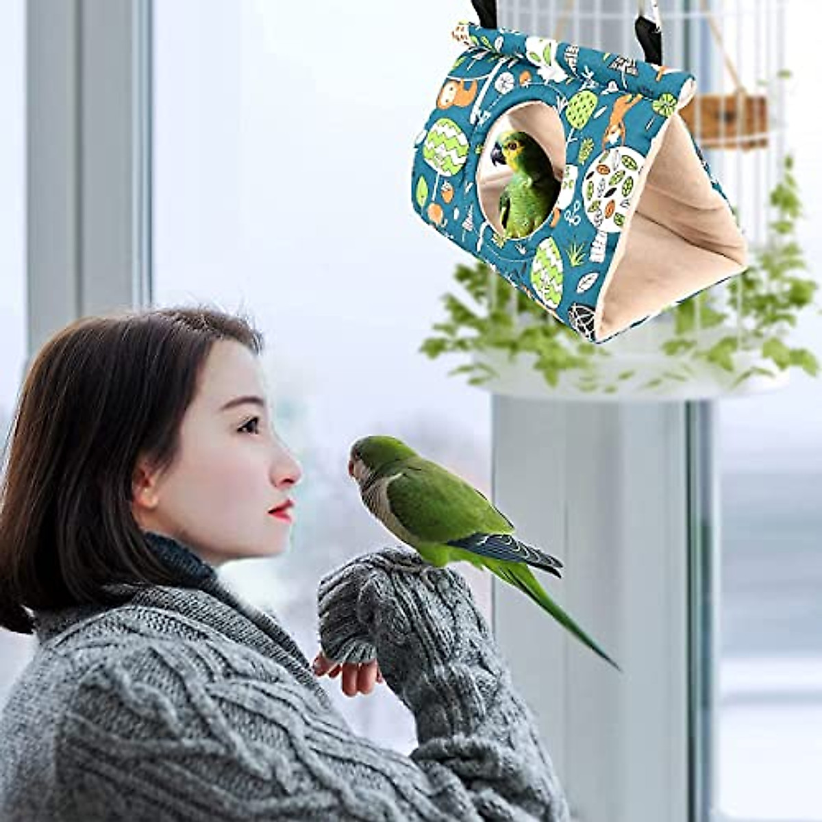 Bird Nest Winter Warm House Hanging Hammock Velvet Shed Hut Cage Bird Plush Fluffy Hideaway Sleeping Bed Fuzzy for African Grey Cockatoo Parrot Parakeet Cockatiels Budgies Parakeets[Size M]
