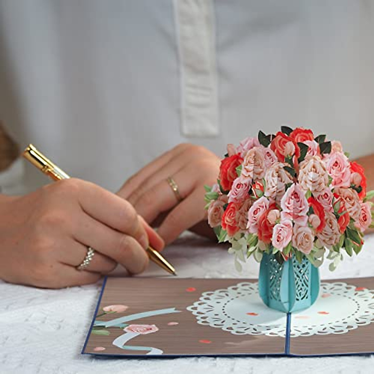 Paper Love 3D Pink Roses Pop Up Card, 5" x 7" Cover - Includes Envelope and Note Card