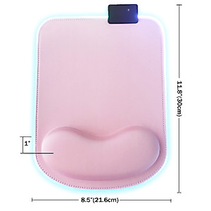 RGB Mouse Pad with Wrist Support, LED Mouse Pad with 13 Lighting Modes, Anti-Slip Rubber Base, Pain Relief Computer Ergonomic Mouse Pad for Gaming, Office, Home, 11.8 x 8.5 in (Pink)