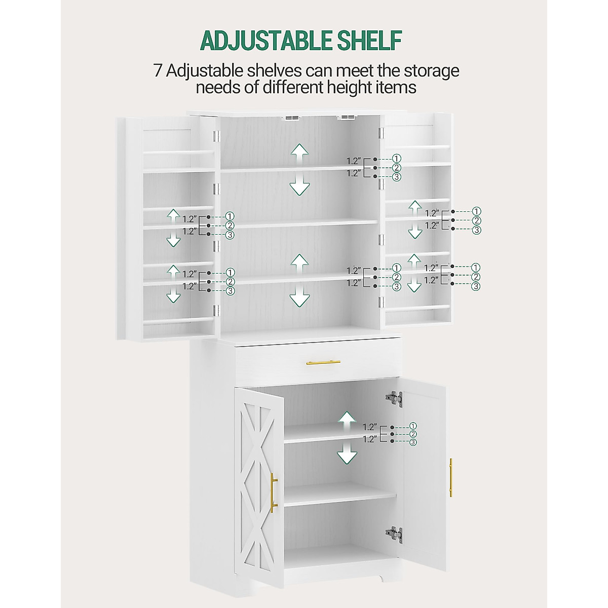 Hzuaneri 72" Kitchen Pantry Storage Cabinet, Tall Pantry Cabinet with Barn Doors & 7 Adjustable Shelves, Drawer, Freestanding Buffet Cupboards Sideboard for Kitchen, Dining Room, White PT02403X