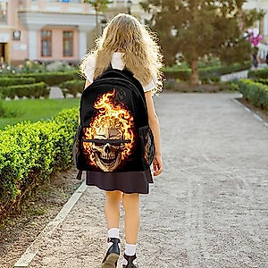 Funny Fire Gothic Skull Backpack for Girls Boys Kids 16inch Laptop Backpacks Lightweight Waterproof School Bookbag Travel Daypack Computer College Bag Gym Rucksack for Work School Women Men
