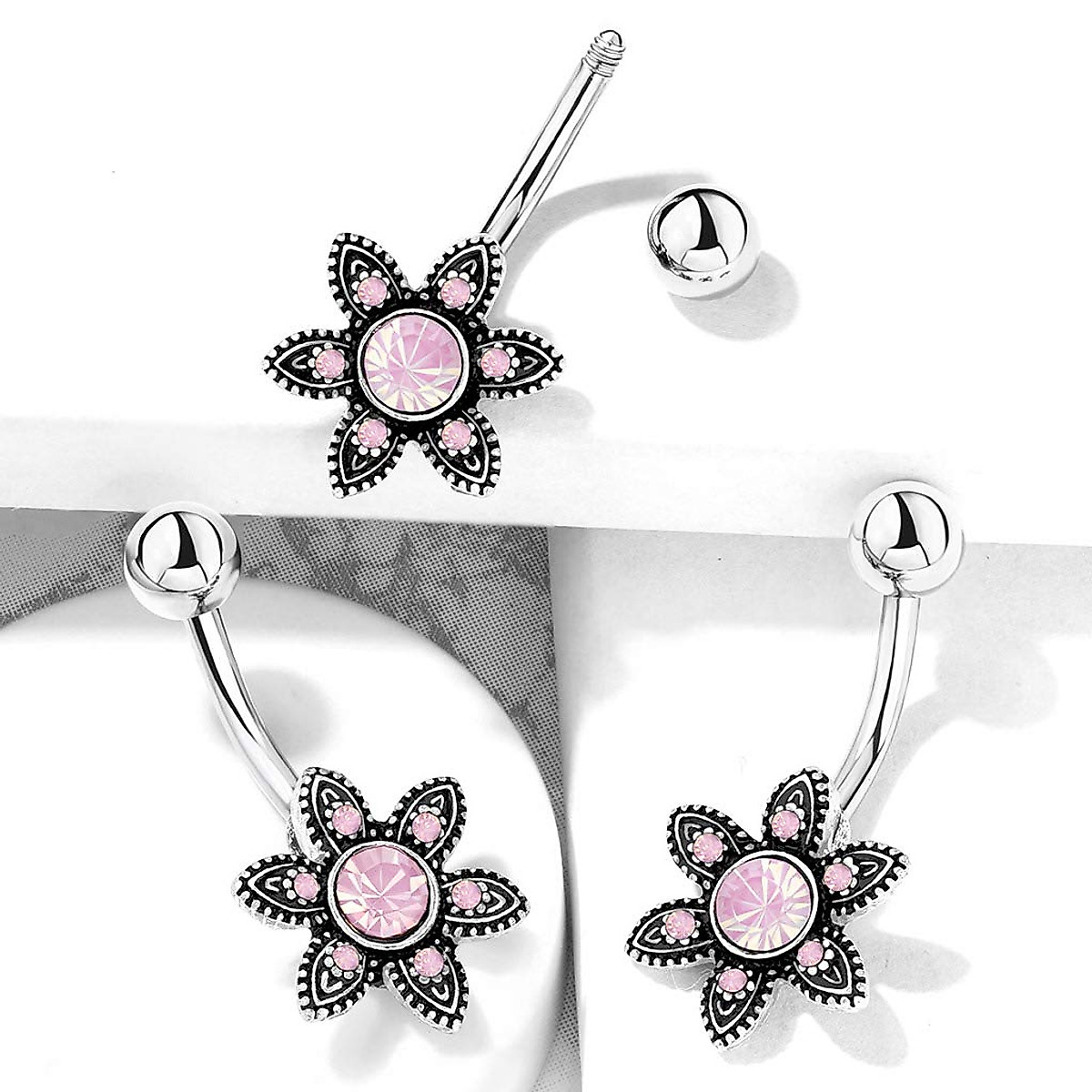 Amelia Fashion 14 Gauge Antique Pink Opalite Crystal Paved Flower Belly Button/Navel Ring 316L Surgical Steel (Antique Silver & Pink)