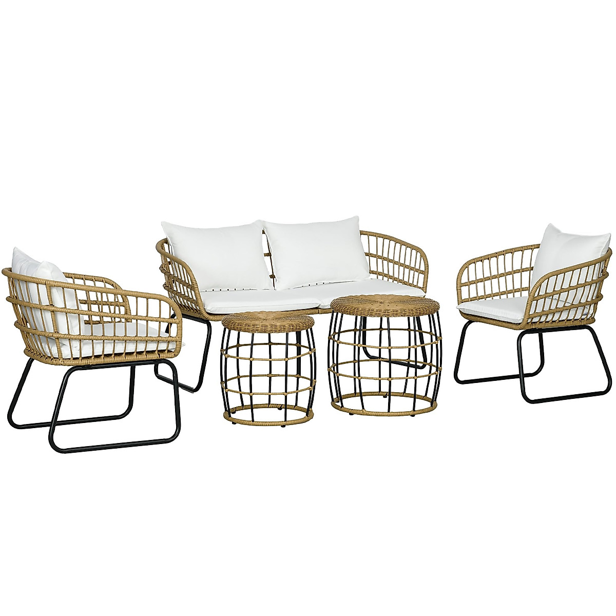 Outsunny 5 Piece PE Rattan Outdoor Furniture Set with Cushioned Chairs & Loveseat Sofa, Patio Sectional Furniture Set, Conversation Sofa Set with Stackable Coffee Tables, Cream White