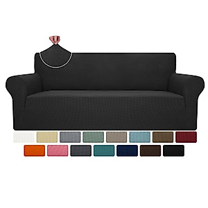 MAXIJIN Super Stretch Couch Cover for 3 Cushion Couch, 1-Piece Universal Sofa Covers Living Room Jacquard Spandex Furniture Protector Dogs Pet Friendly Fitted (Large, Black)