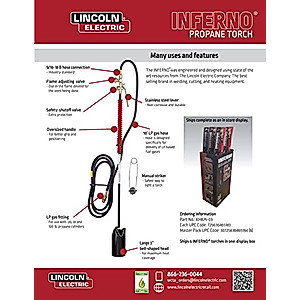 Lincoln Electric Inferno Weed Burner Propane Torch Kit w/ 10” LP Gas Hose and Flint Striker, 500,000 BTU High Output, Heavy Duty for Road Repair, Roof, Brush, Ice Snow Melter, KH825-03
