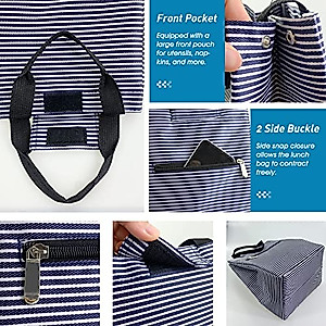 Mziart Insulated Lunch Bag for Women Men, Foldable Reusable Bento Lunch Bag Lunch Box Cooler Waterproof Lunch Tote Bag Lunch Container for Work Office Picnic or Travel (Blue White Stripes)
