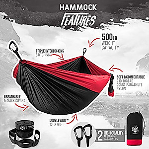 Double Hammock for Camping, Travel and Hiking - 2 Person Outdoor Hammock - Lightweight & Portable Yet Heavy Duty with Straps Included for Easy Hanging from Trees - Great Camping Gifts for Men & Women