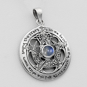 Dryad Design Wiccan Pentacle Pendant - Lunar Goddess Pendant .925 Sterling Silver Rainbow Moonstone Protection Amulet - Pagan Moon Jewelry