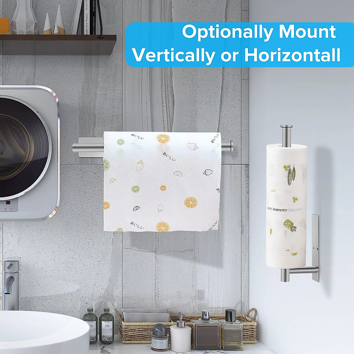 𝟐𝐧𝐝 𝐆𝐞𝐧 [More Studry] Paper Towel Holder Under Cabinet Wall Mounted, UREZORGEAR Self Adhesive or Drilling Paper Towel Holder for Kitchen RV, SUS304 Stainless Steel Paper Towel Roll Rack (Silver)