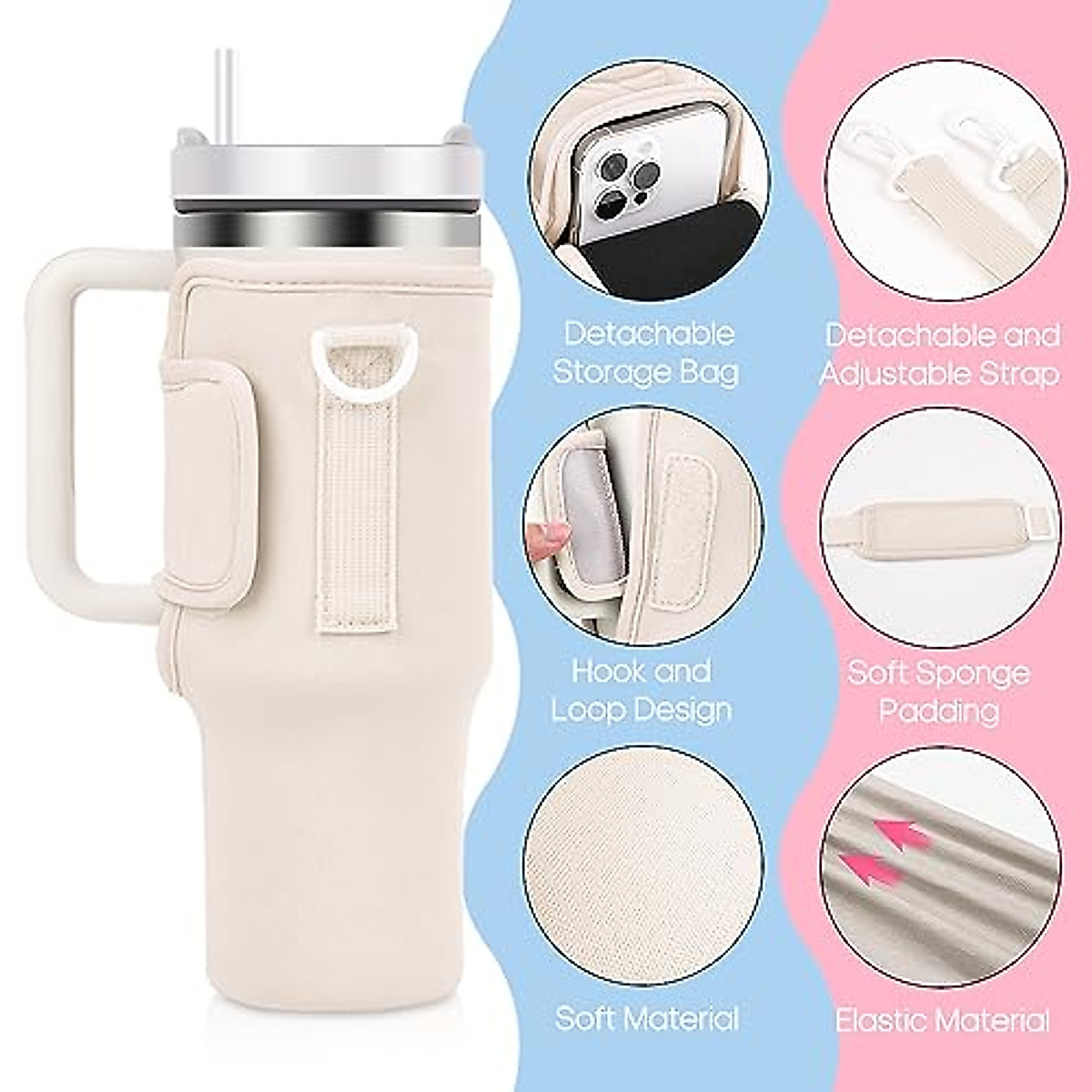 Water Bottle Carrier Bag with Pouch Compatible with Stanley 40oz Tumbler with Handle, Water Bottle Pouch for Stanley Quencher H2.0 Flowstate, Stanley Adventure Quencher, Simple Modern 40 oz Tumbler