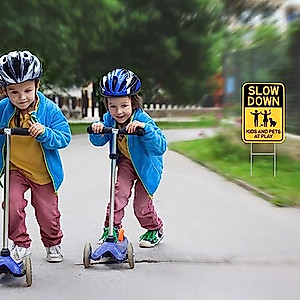 Eyoloty Slow Down Sign with H Stake,16"x12" Kids & Pets at Play Sign for Street Neighborhoods,Double Sided Children Playing Safety Sign,Waterproof,Fade Resistant,Kids Playing Sign for Street 3 Pack