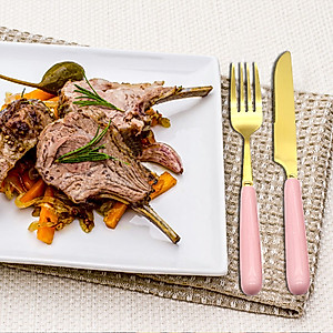 Gold Silverware Set, Caliamary 24 Pieces Flatware Set with Silverware Holder, Stainless Steel Knives and Forks and Spoons Cutlery Set Service for 6, Kitchen Utensil Tableware Set with Pink Handle