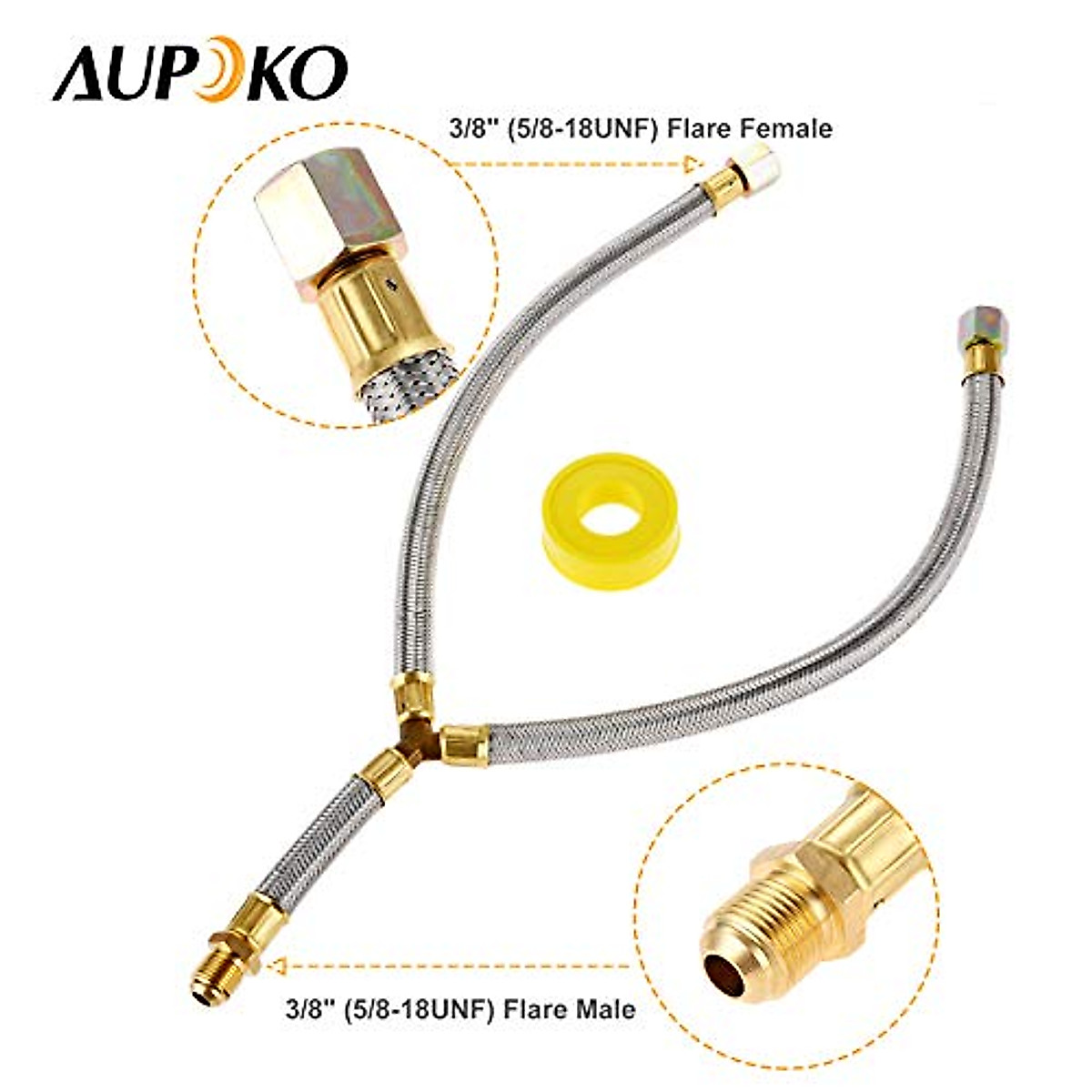 Aupoko Propane Y Splitter Connection Braided Pipe, 3/8" Flare Gas Propane Grill Y Splitter Stainless Steel Braided Hose Assembly, Length 5/16", Fits for LPG & NG Propane Fire Pit Hose & Fireplace