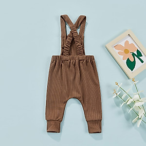 Karuedoo Newborn Baby Girls Boys Ribbed Overalls Solid Halter Backless Jumspuits Overalls Strap Suspender Pants Outfits (Brown, 12-18 Months)