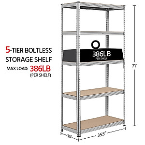 Topeakmart 5-Tier Utility Shelves, Metal Storage Shelves Unit Adjustable Garage Storage Racks Heavy Duty Shed Shelving- Silver, 35.5 x 16 x 71 Inch