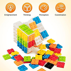 D-FantiX Building Brick Blocks 3x3x3 Speed Cube Toy, Build-On Brick 3D Magic Cube, Handheld Brain Teaser Puzzles Gift Ideas, Puzzle Building Cube Game for Kids Adults (Included Brick Separator)