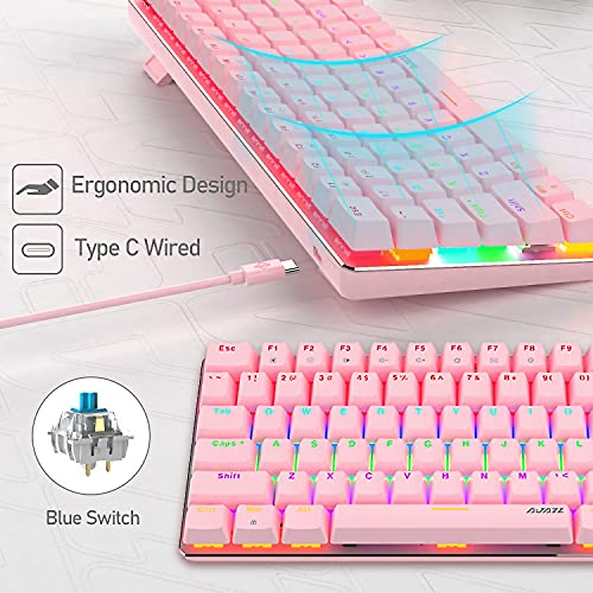 Pink Gaming Keyboard and Mouse,3 in 1 Rainbow LED Backlit Wired Mechanical Keyboard Blue Switch,RGB 6400 DPI Lightweight Gaming Mouse with Honeycomb Shell Gaming Mouse Pad for PC Gamers(Pink)