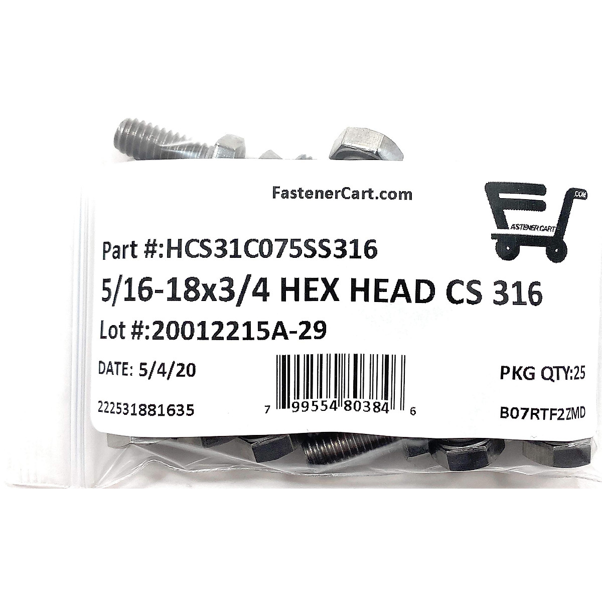 5/16-18x3/4 Stainless Steel Hex Cap Screws Hex Bolts 316 Marine Grade Stainless Steel (UNC) COARSE Thread - (25 pcs)