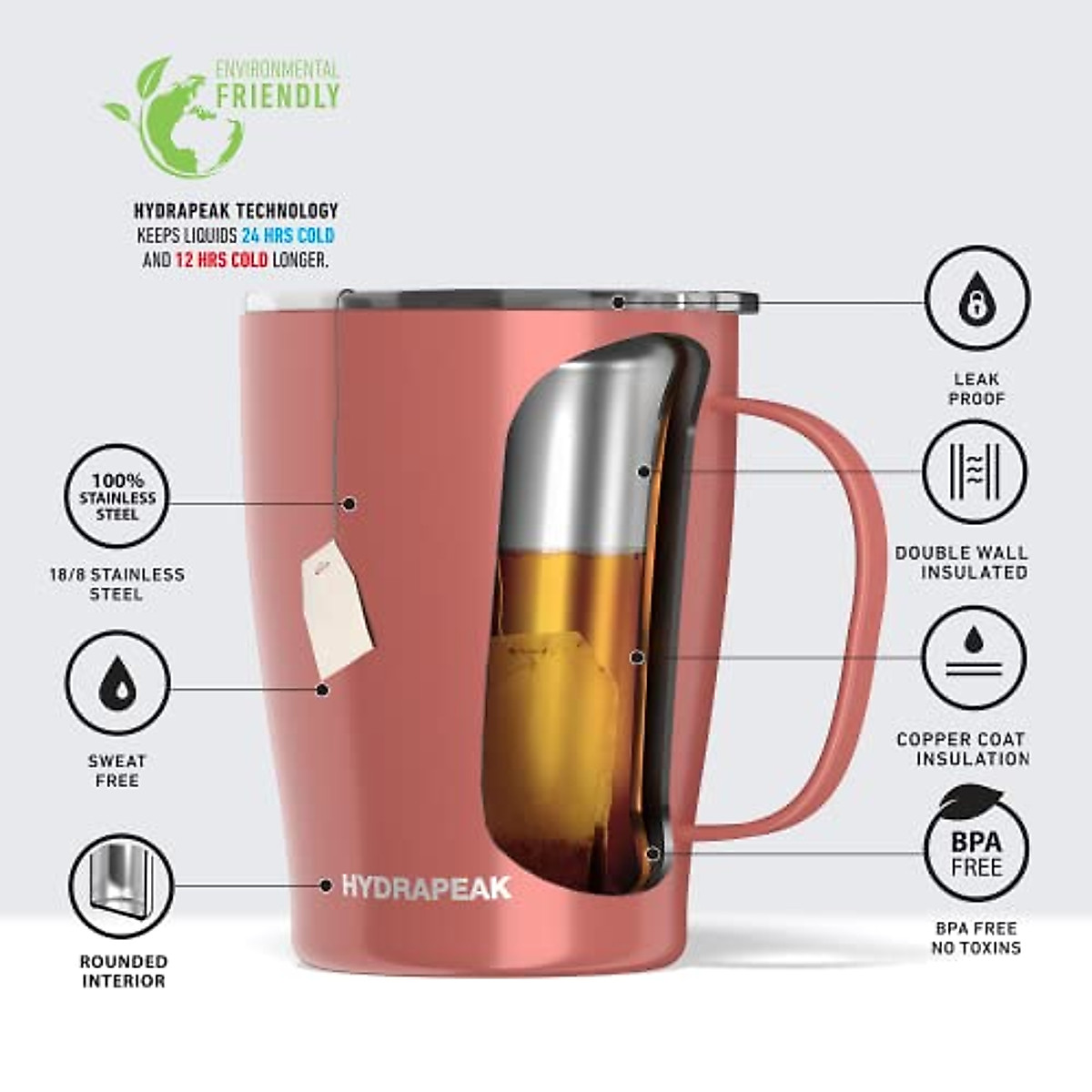 Hydrapeak SAVOR 18oz Double Vacuum Insulated Coffee Mug | Stainless Steel Travel Mug, Tumbler Coffee Cup with Lid and Integrated Handle (Rose)