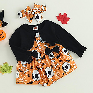 Faithtur Newborn Girl Clothes Cute Long Sleeve Patchwork Baby Girl Halloween Outfit Gothic Skull Romper Dress Baby Girl Gift (A-Black, 3-6 Months)