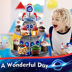 3 Tiers Rocket Space Station Cupcake Stand Outer Space Birthday Party Cardboard Cupcake Holder Decorations Galaxy Party Dessert Tower Solar System Party Supplies for Kids Space Themed Baby Shower