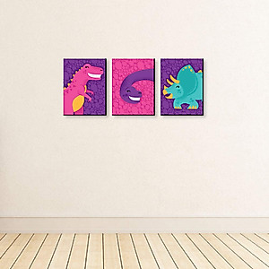 Big Dot of Happiness Roar Dinosaur Girl - Dino Mite T-Rex Nursery Wall Art and Kids Room Decorations - Gift Ideas - 7.5 x 10 inches - Set of 3 Prints