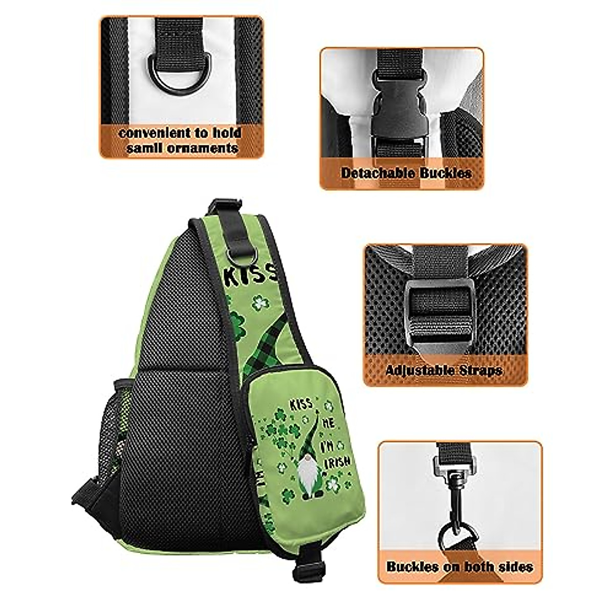 Sling Backpack, St Patrick's Day Kiss Me I'm Irish Shamrock Dwarf Green Background Waterproof Lightweight Small Sling Bag, Travel Chest Bag Crossbody Shoulder Bag Hiking Daypack for Women Men