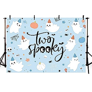 MEHOFOND 7x5ft Halloween Two Spooky Blue Backdrop Little Boo Happy 2nd Birthday Party Decoration Banner Supplies for Boys Spooktacular Happy Booday Photography Background Photo Studio Props