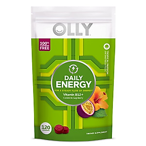 OLLY Daily Energy Gummy, Caffeine Free, Vitamin B12, CoQ10, Goji Berry, Adult Chewable Supplement, Tropical Flavor - 120 Count Pouch