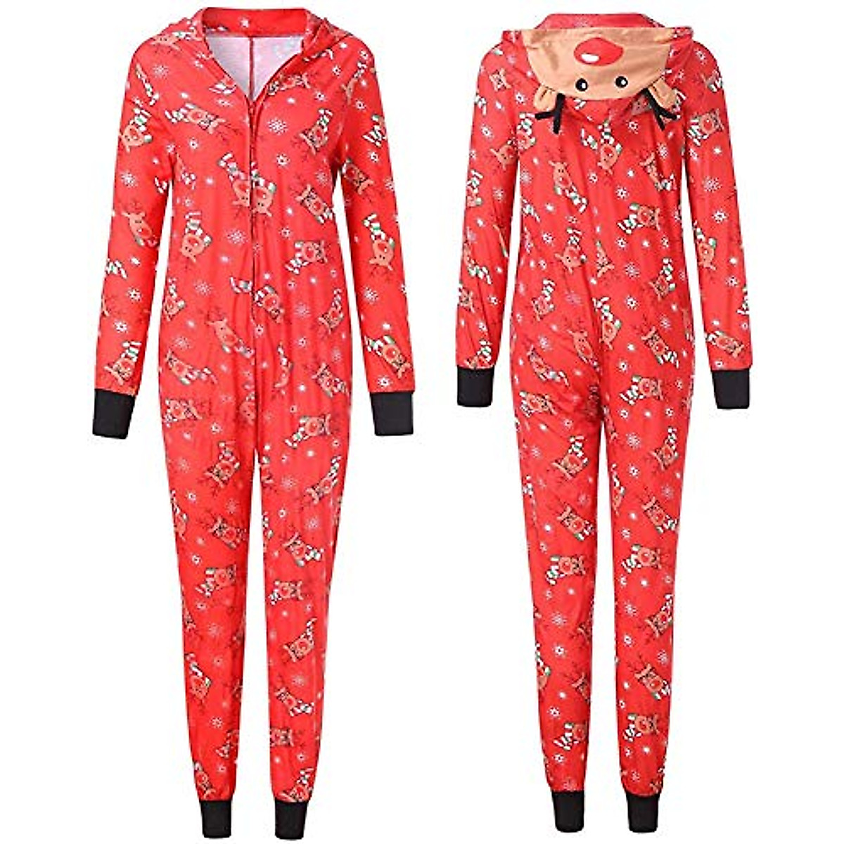 Matching Family Christmas Pajamas Sets Elk Antler Hooded Romper PJ's Zipper Jumpsuit Loungewear(Women,L)