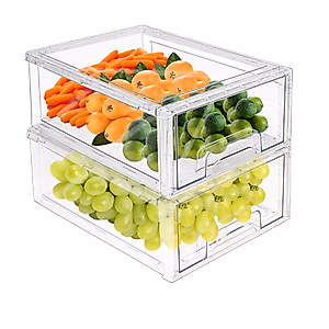 MANO 2Pack Clear Fridge Drawers Pull Out Stackable Refrigerator Drawer Organizer Bins Pantry Storage Box Plastic Food Containers for Kitchen Bathroom Office Closet (2pack Large)