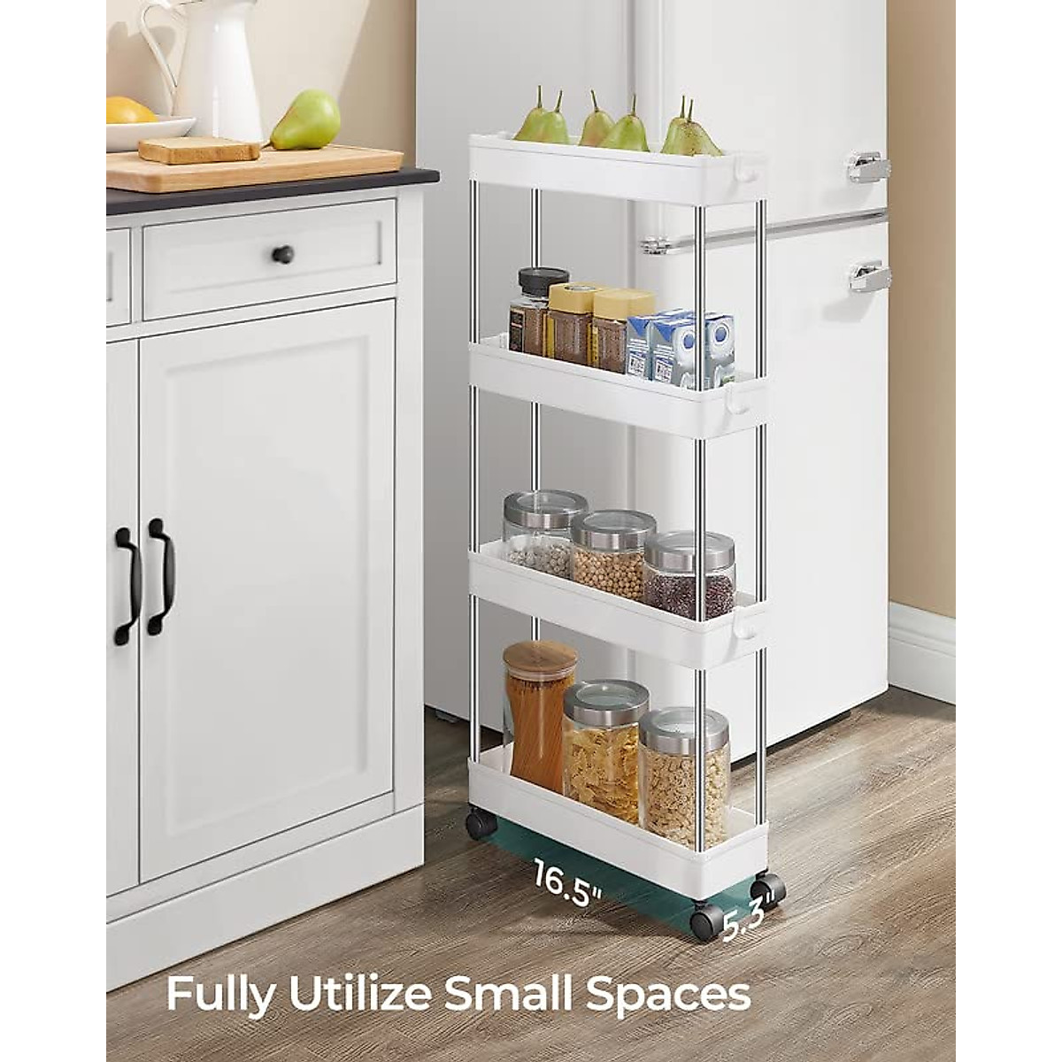 SONGMICS 4-Tier Slide Out Storage Cart, Slim Rolling Cart on Wheels, Slim Storage Cart, Space-Saving Bathroom Storage, Kitchen, Narrow Shelf, 15.7 x 5.3 x 33.9 Inches, White UKSC08WT