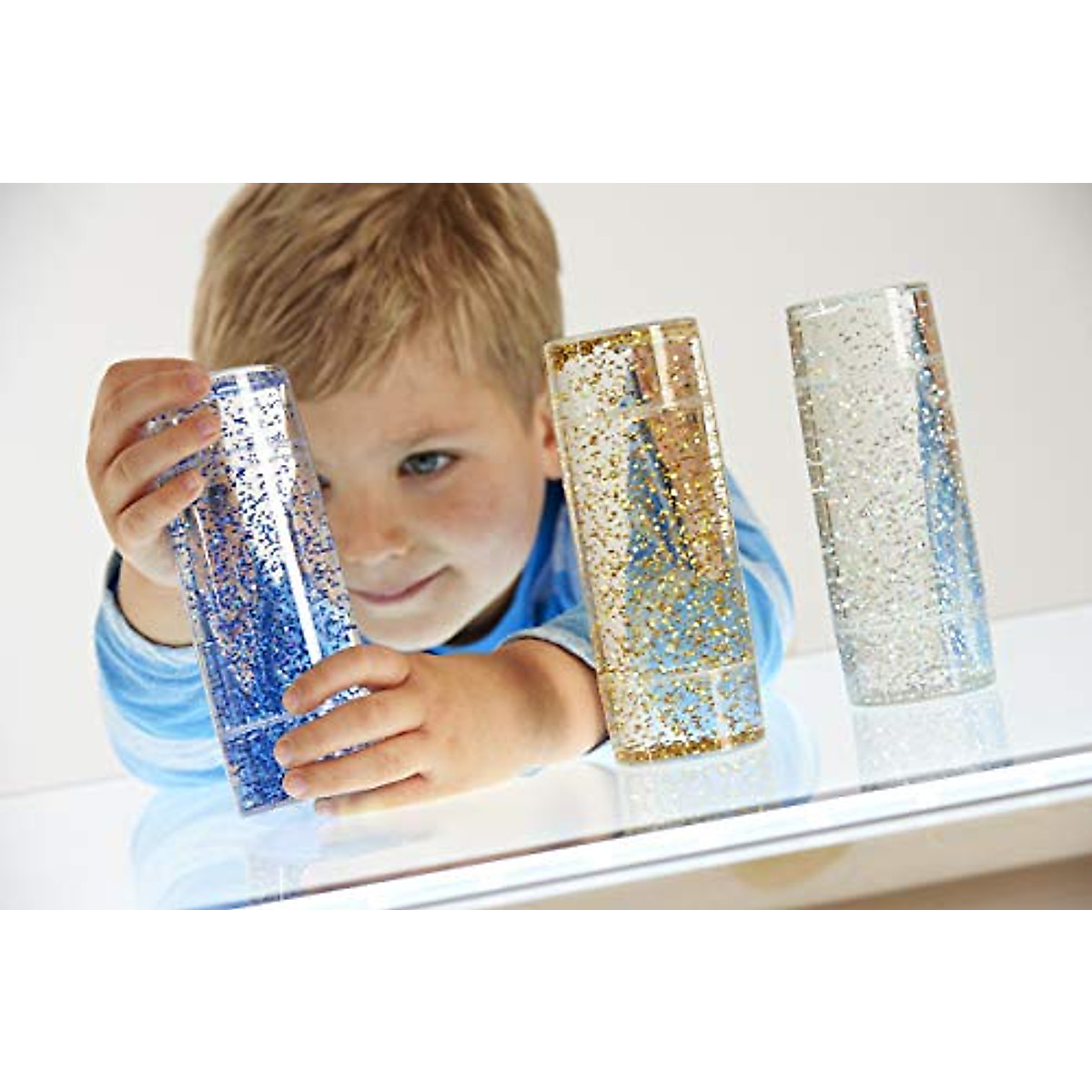 TickiT Sensory Glitter Storm - Set of 3 - Blue, Silver, Gold - Calming Glitter Tubes for Stress and Anxiety Relief - Encourage Focus and Concentration - Special Needs Toy