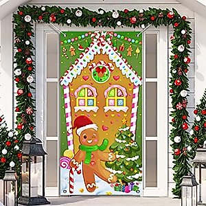 Christmas Gingerbread House Door Cover Gingerbread House Door Banner Candyland Gingerbread Man Holiday Decorations for Indoor Outdoor Christmas Theme Party Decor