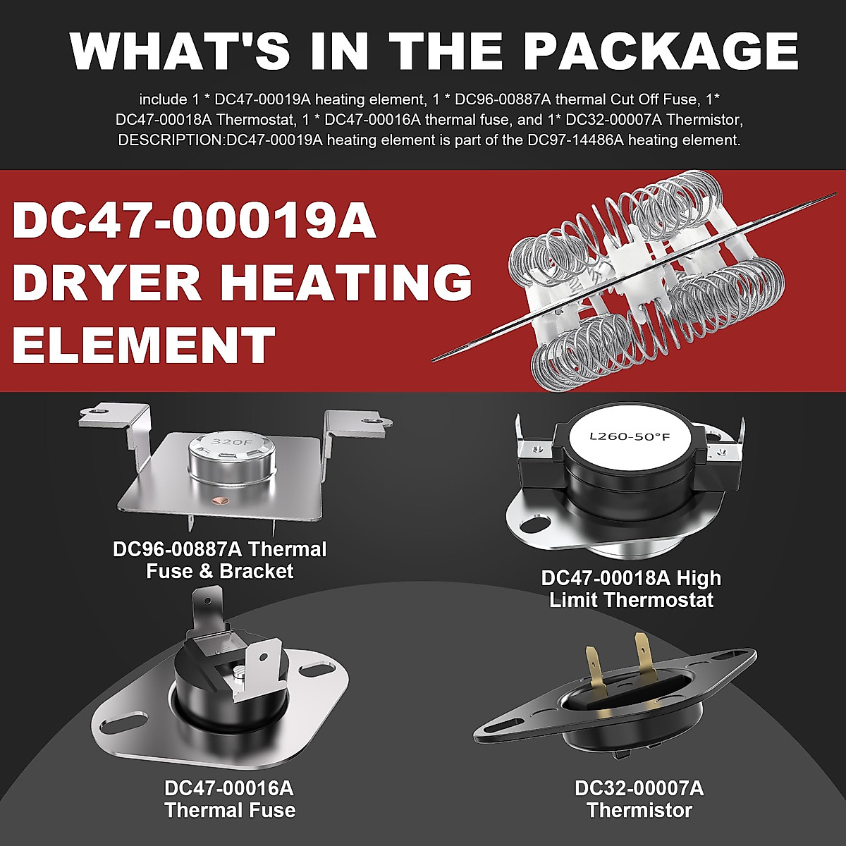 2024 Upgraded DC47-00019A For Samsung Dryer Heating Element dve45r6100w/a3 dve50r5200w/a 3 dv45h7000ew/a2 dv40J3000ew/a 2 dv42h5000ew/a3 dve50m7450w/a3 dv42h5200ew/a3 dvg50r5200w/a3 By Romalon