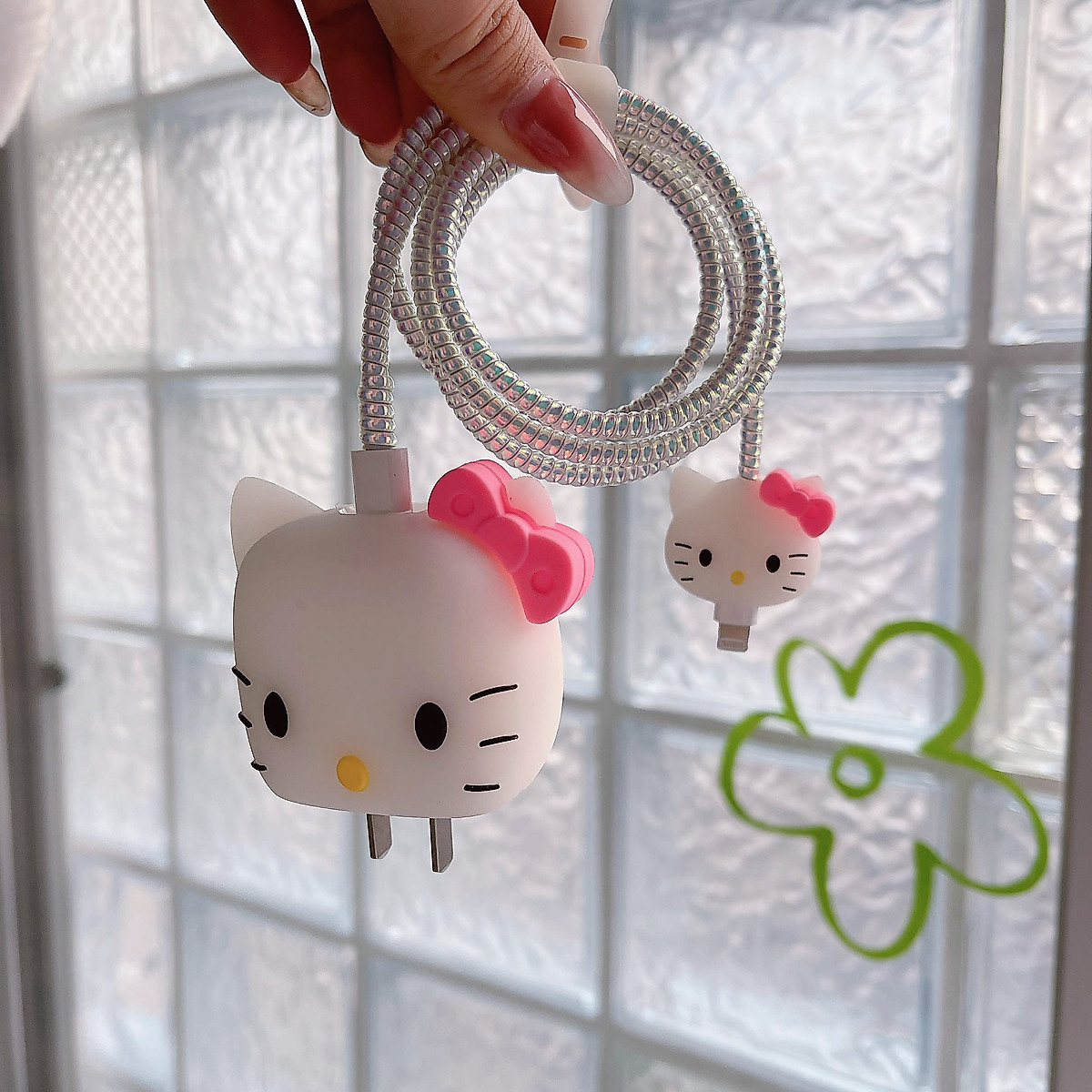 3D Cute Cartoon Wall Charger Protector Case - Compatible for Apple 20W USB-C Power Adapter and Lightning Cable (White Kitty)