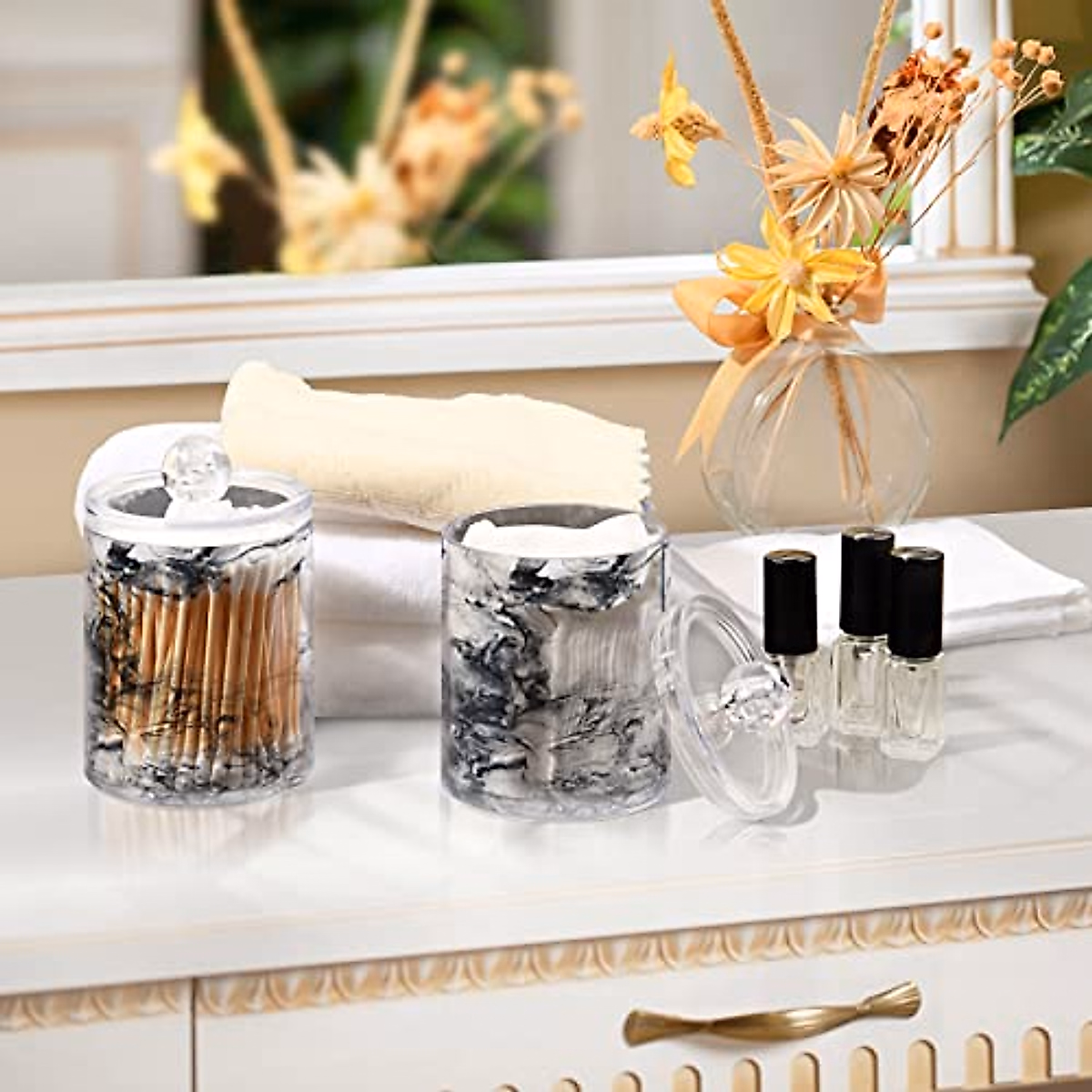 ALAZA 2 Pack Qtip Holder Dispenser Cool Black Marble Bathroom Organizer Canisters for Cotton Balls/Swabs/Pads/Floss,Plastic Apothecary Jars for Vanity