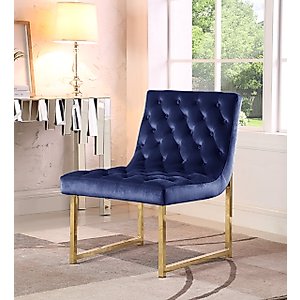 Iconic Home Moriah Accent Chair Sleek Elegant Tufted Velvet Upholstery Plush Cushion Brass Finished Polished Metal Frame, Contemporary Modern, Navy