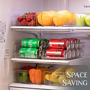 Soda Can Organizer - Clear Plastic Storage Dispenser Bin for Refrigerator. Great Drink Holder for Kitchen Cabinets, Countertops, Pantry, Freezer and Fridge. (4-Pack)