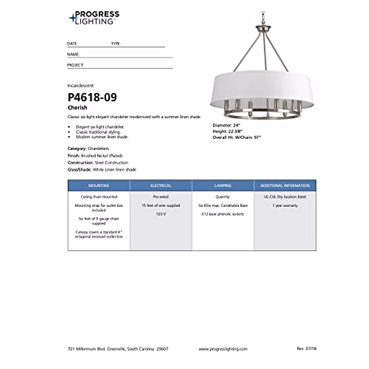 Cherish Collection 6-Light White Linen Shade Coastal Chandelier Light Brushed Nickel