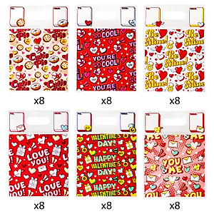 JOYIN 48 Pcs Valentine’s Day Sealing Gift Bag with Handles, Candy Bag with 6 Designs for Kids Party Favor, Classroom Exchange Prizes, Valentine’s Goodie Bags