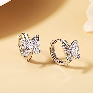 JeryWe Cute Butterfly Sleeper Small Hoop Earring 925 Sterling Silver CZ Crystal Huggie Earring Round Cartilage Tragus Mini Hoops Earring Ear Cuffs Piecing Dainty Jewelry Gifts for Women Sensitive Ears