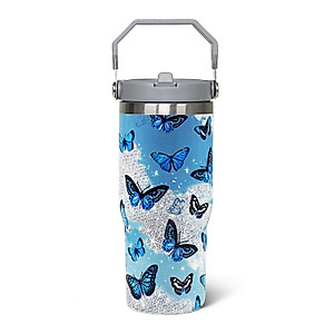 Butterfly Tumbler with Handle and Straw, Stainless Steel Vacuum Insulated Flip Straw 30 oz Blue Butterfly Tumbler Spill Proof Coffee Travel Mug Butterfly Gifts