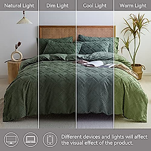 JELLYMONI Green Duvet Cover Twin Size - 3 PCS Microfiber Tufted Duvet Cover Set, Boho Textured Duvet Cover Jacquard Rhombus Geometric Pattern Duvet Cover with Corner Ties & Zipper Closure