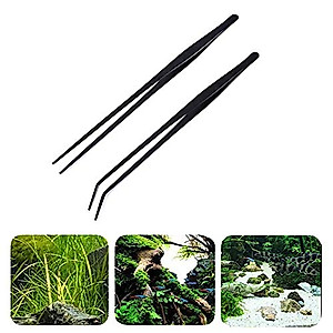 2 Pack Aquarium Forceps, 15 inch Long Handle Aquarium Tweezers Stainless Steel Straight and Curved Tweezers Set for Fish Tank Aquatic Plants Long Handle Reptile Feeding Tongs, Black