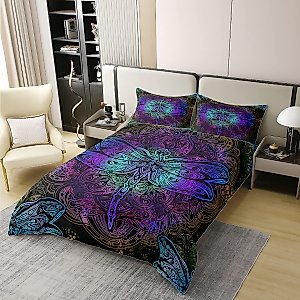 Erosebridal Bohemian Dragonfly 100% Cotton Duvet Cover King Mandala Paisley Bedding Set Purple Dragonfly Comforter Cover Tie Dye Trippy Gypsy Iridescent Chic Hippie Quilt Cover, 3 Pcs
