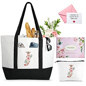 Floral Ini-tial Large Tote Bag for Women, Can-vas Beach Bag w Makeup Bag, Personalized Friend 50th Birthday Bridesmaid Bridal Shower Mothers Day Gifts w Inner Pocket, Top Zi-pper, Gift Box, Card J